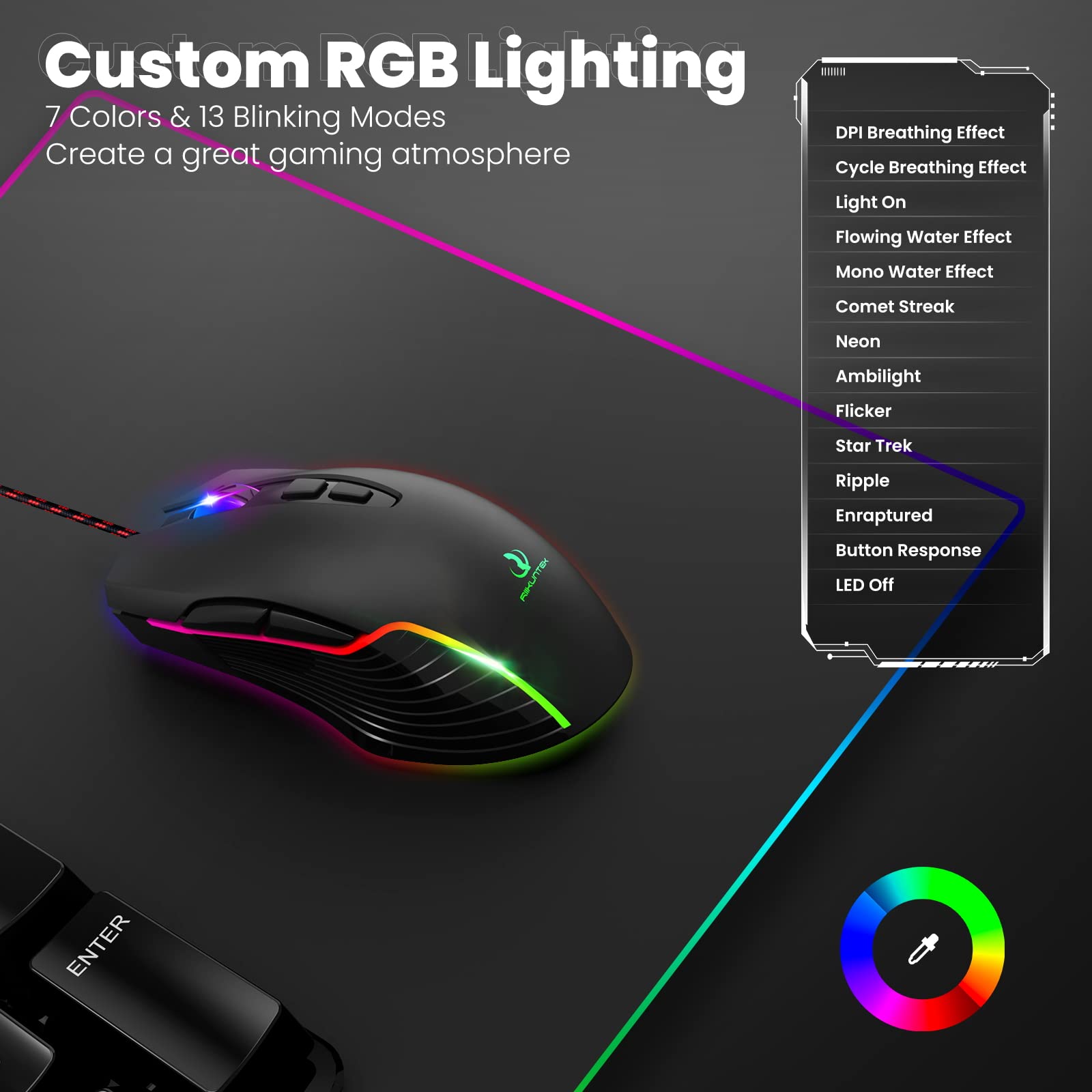 RIIKUNTEK Gaming Mouse Wired, Computer Mouse with 7 Programmable Buttons(One-key Fire/Desktop), 7200 DPI, 12 Backlits, Ergonomic Optical USB Game Mouse with Side Buttons for PC, Laptop Black