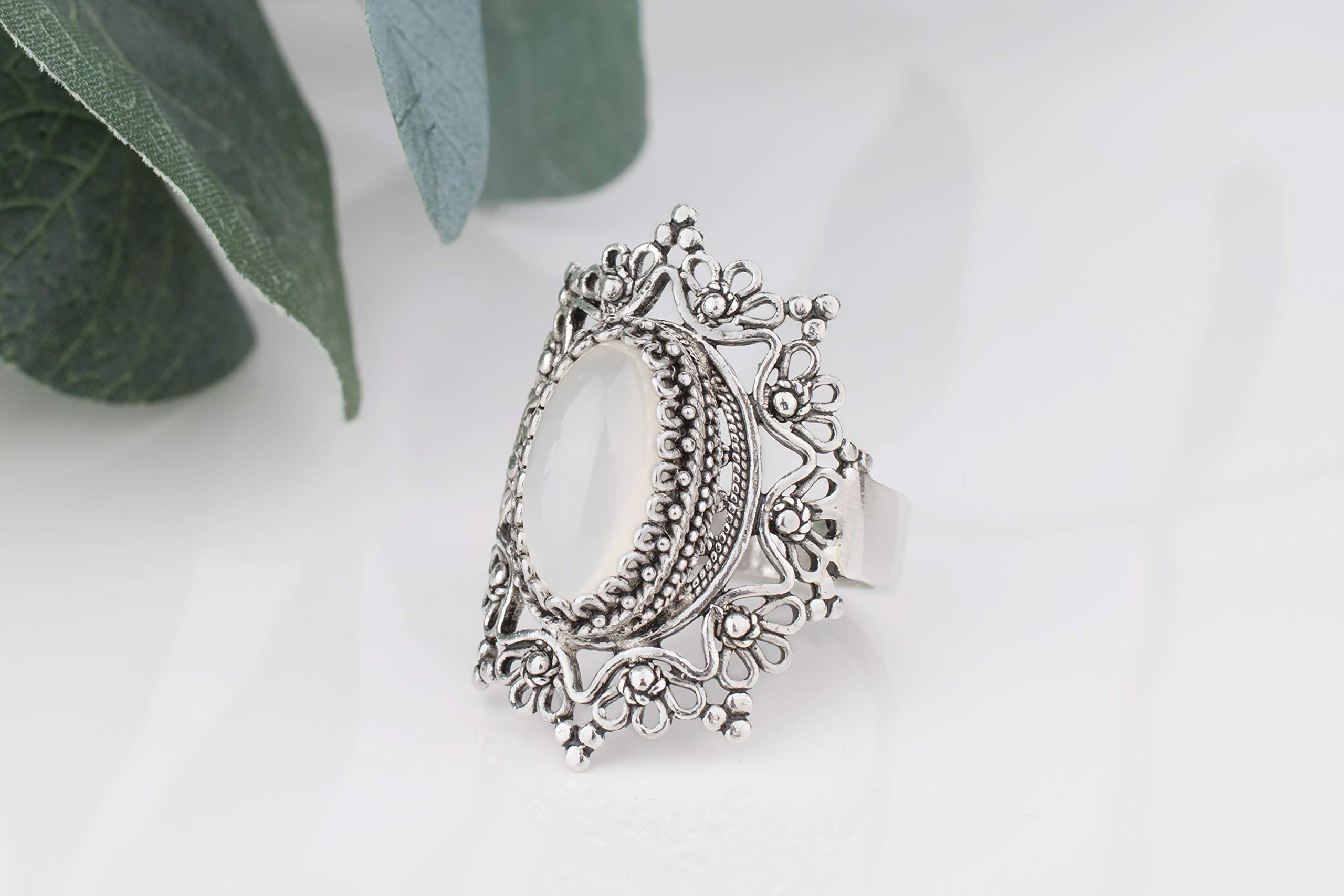 Ottoman Silver Collection 925k Sterling Silver Handmade Artisan Crafted Floral Pattern Filigree Ring with Moonstone Gemstone Unique Design for You, Mom and Your Beloved (10)
