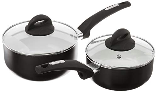 Oster Herstal Aluminum Cookware Set with Ceramic Non-Stick and Soft Touch Bakelite Handle with Tempered Glass Lids, 11-Piece, Black w/White Interior