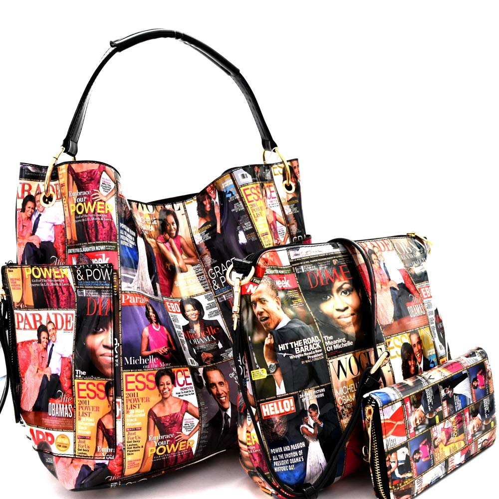 Michelle Obama Magazine Cover Print Multi Pocket 3 in 1 Single Strap Hobo Purse Handbag Crossbody Bag Wallet SET (Patent Leather - MULTI)