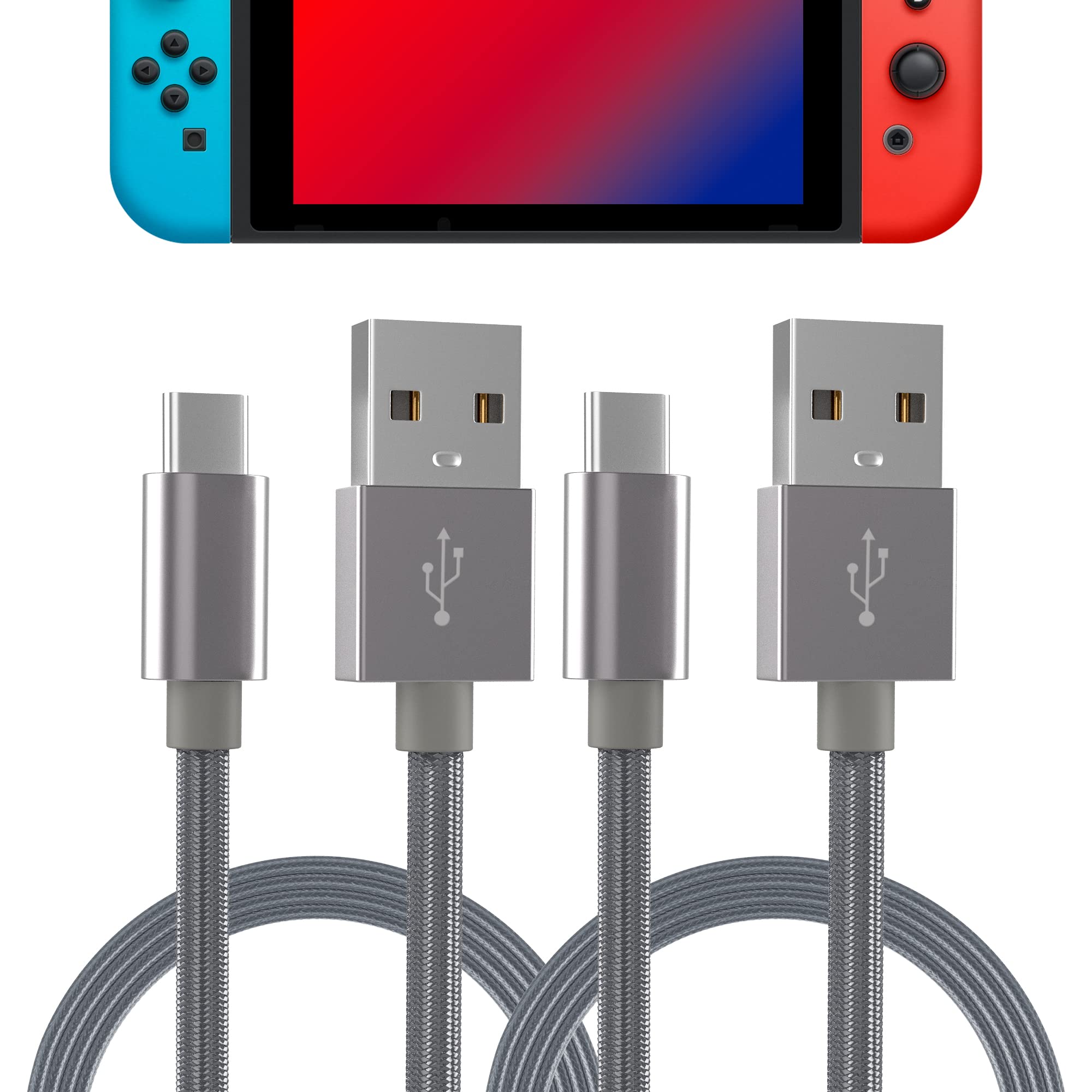 TALK WORKS Gaming Console Controller USB-C Charging Cable Compatible w/Nintendo Switch - 10 ft Extra-Long Nylon Braided Type C Game System Fast-Charger Cord, Slate (2 Pack)