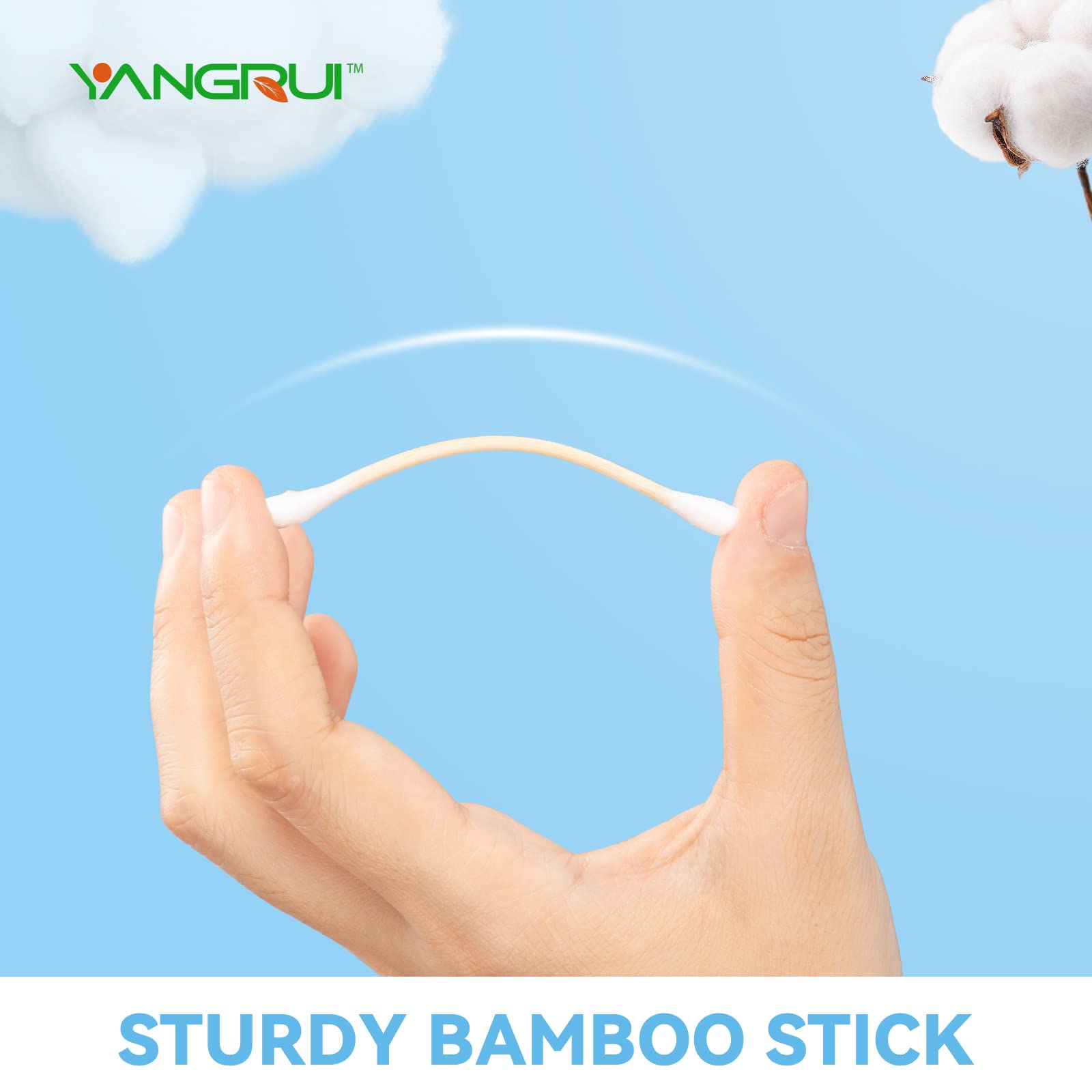 YANGRUI Cotton Swab, 375 Count Bamboo Stick BPA Free Naturally Pure Double Round Ear Swabs White Cotton Buds (Pack of 1)