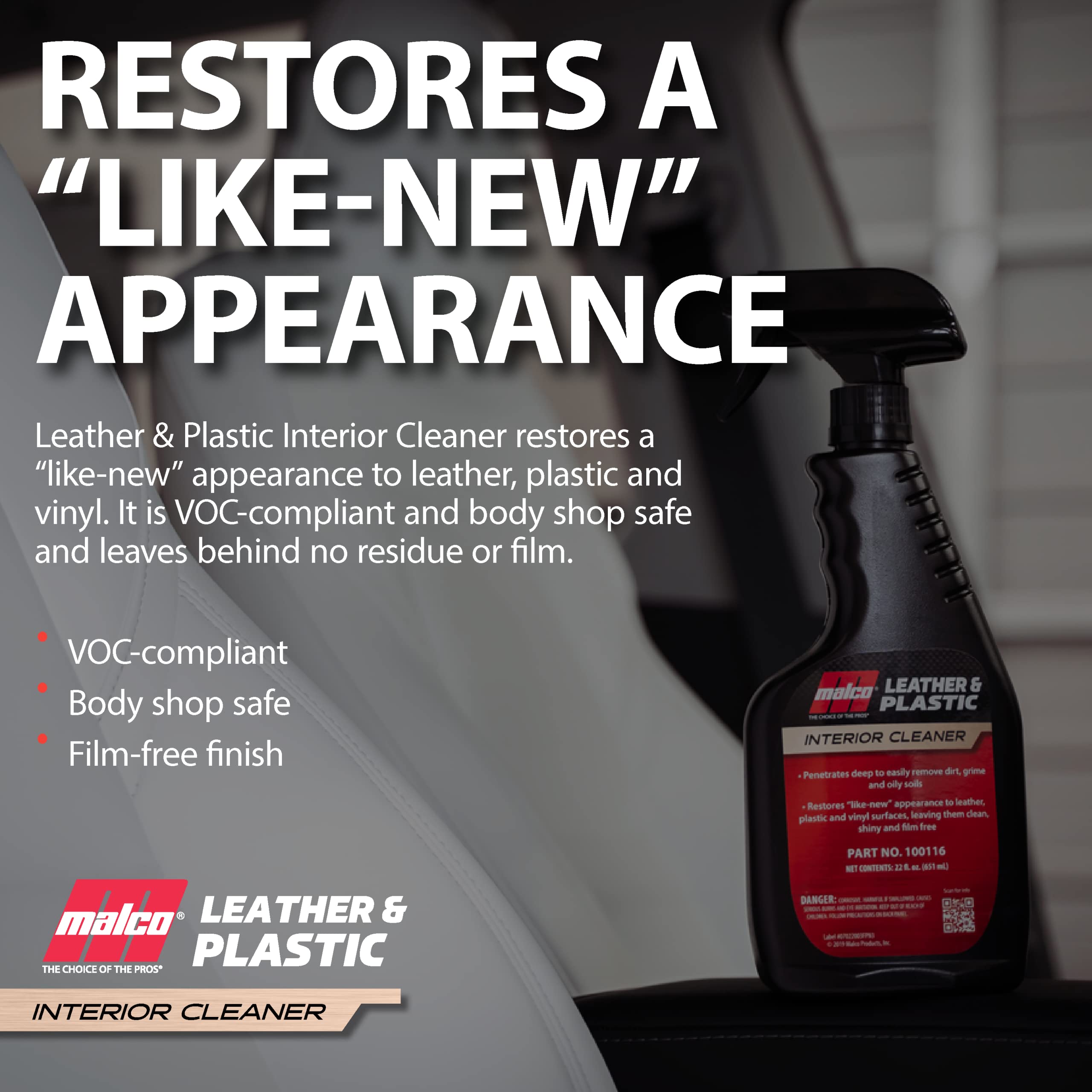 Malco Leather & Plastic Cleaner – Penetrates Deep to Remove Dirt, Grime and Oily Soils/Restores Leather, Plastic and Vinyl/Leaves Surfaces Clean, Shiny and Film-Free / 1 Gallon (100101)