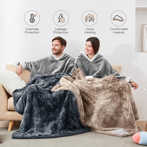 Maple&Stone Heated Blanket Electric Queen Dual Control Faux Fur Fast Heating Electric Blanket,5 Heat Settings Heating Blanket & 10 Hours Auto-Off Timing Settings (84 x 90 inches,Grey)