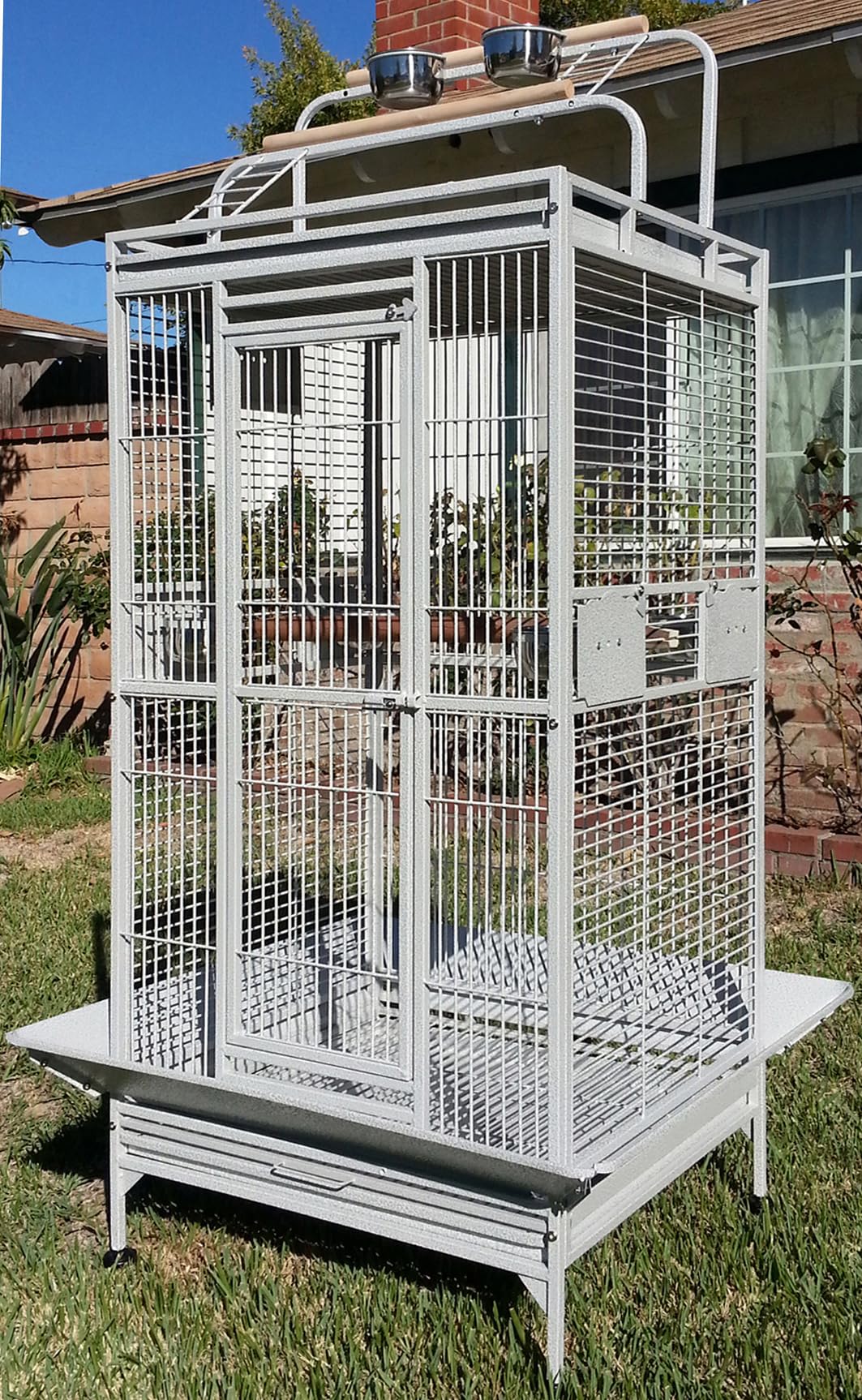 Large Elegance Wrought Iron Bird Parrot Stand Perch Cage Double Ladders Open/Close Play Top, Include Seed Guard (30.5" x 29.5" x 65"H, Black Vein)
