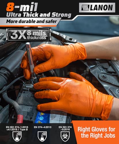 LANON 8mil Orange Disposable Nitrile Gloves, Mechanic, Heavy Duty, Food Safe, Latex Free, Powder Free, Fully-Diamond Textured, Large