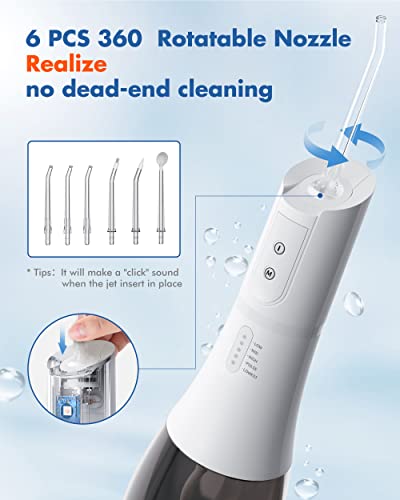 Water flossers Teeth, Cordless Cleaner, VAPTEC Cleaning flosser, Dental 400ml Large Capacity, Portable 360°Rotation 5 Cleaning DIY Modes 6 remplaceable Tips, flossers for Braces, White