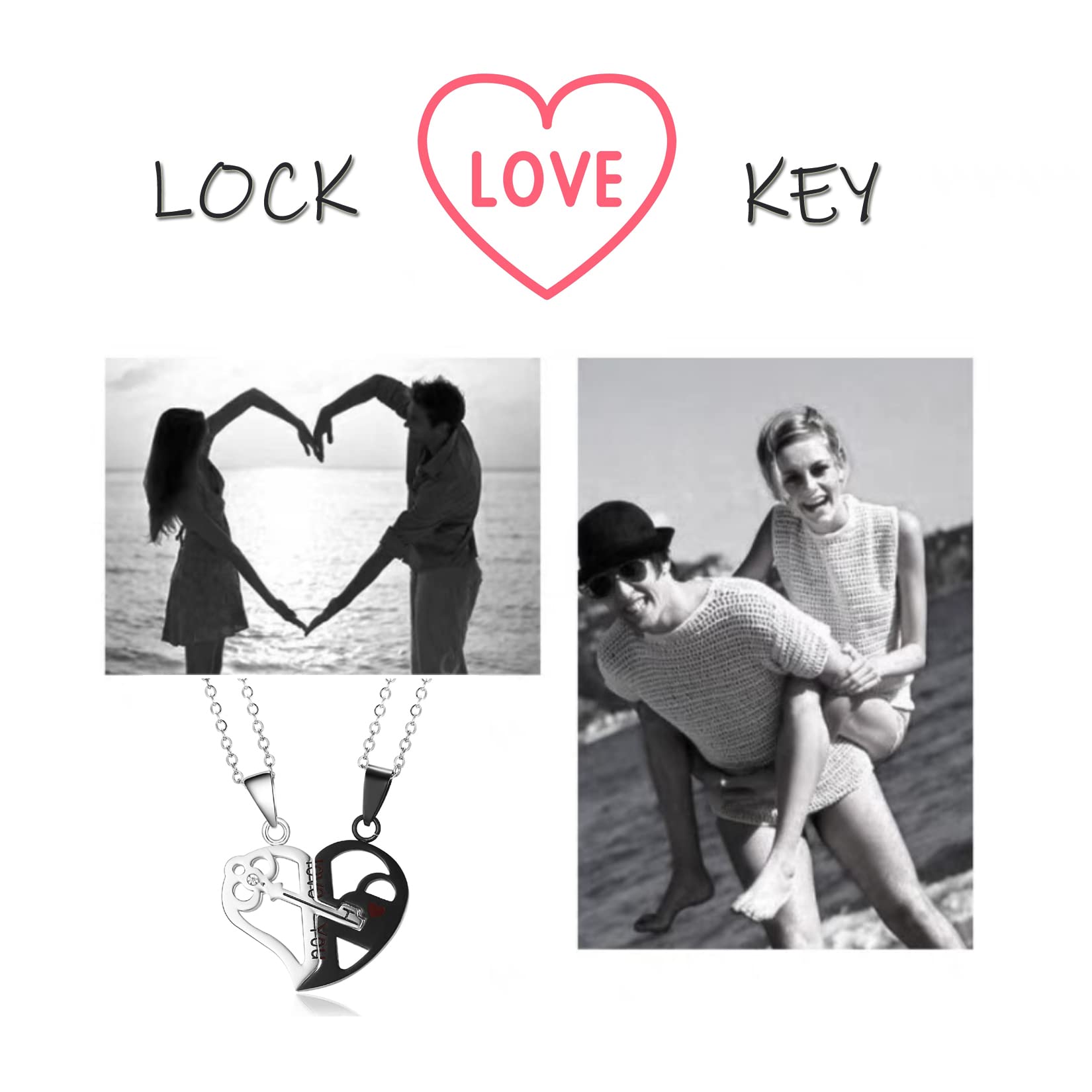 Stainless Steel His and Her Heart Lock Key Matching Puzzle Couples Pendant Necklace for Lovers Valentine's Day Engagement Gift, Metal, Cubic Zirconia