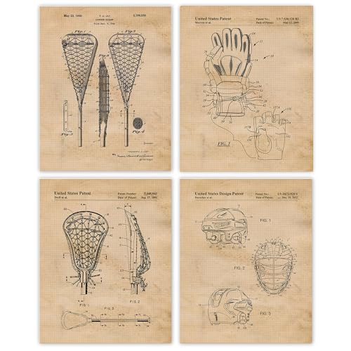 Vintage Lacrosse Gears Patent Prints, 4 (8x10) Unframed Photos, Wall Art Decor Gifts Under 20 for Home Office Studio Garage Shop School Gym College Student Teacher Coach National Team Championhip Fans