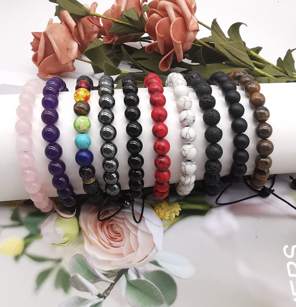 MOZAKA 10 Pcs 8mm Healing Power Gemstone Crystal Beads Bracelet Adjustable Tiger Eye Amethyst Chakra Bracelets Unisex