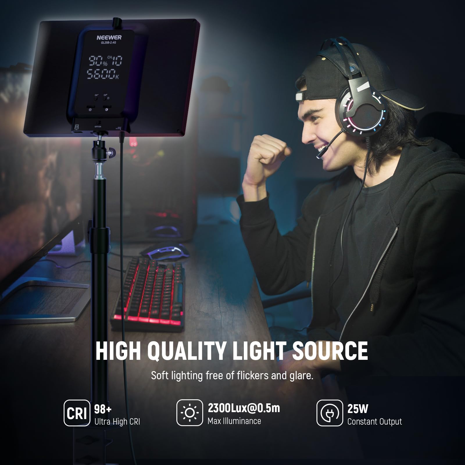 NEEWER GL25B 12.9" Streaming Key Light, 2.4G RT100 Remote & PC/Mac APP Control 25W 2300Lux/0.5m 2900K–7000K CRI98+ Dimmable Edge Emitting Silent Webcam Video Light with Desk Stand & USB Transmitter