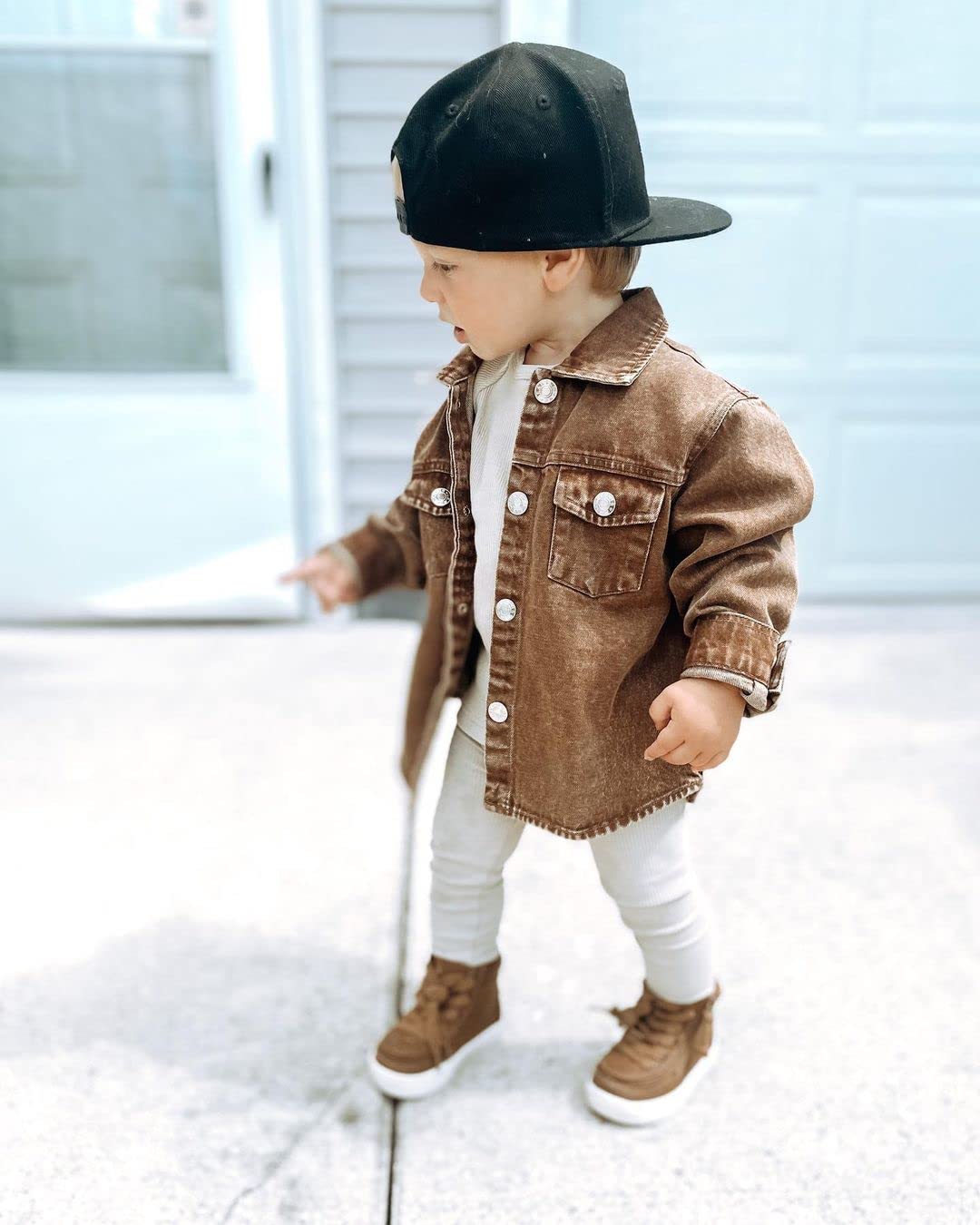 YOKJZJD Toddler Baby Boy Denim Pocket Button Down Long Sleeve Shirt Jean Jacket Fall Clothes (Brown, 18-24 Months)