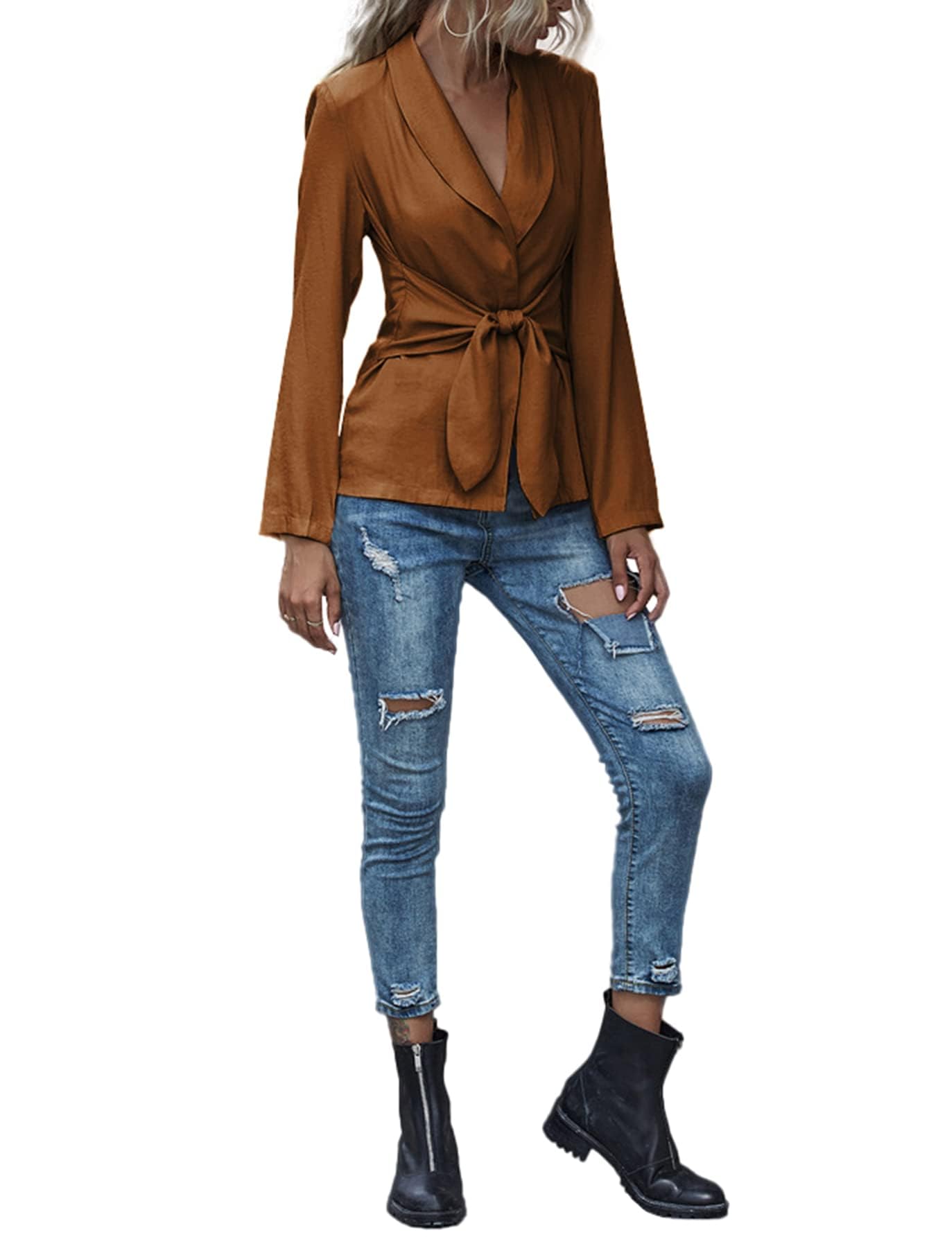 LYANER Women's V Neck Blazer Jacket Self Tie Knot Long Sleeve Elegant Workwear Blouse Brown Medium
