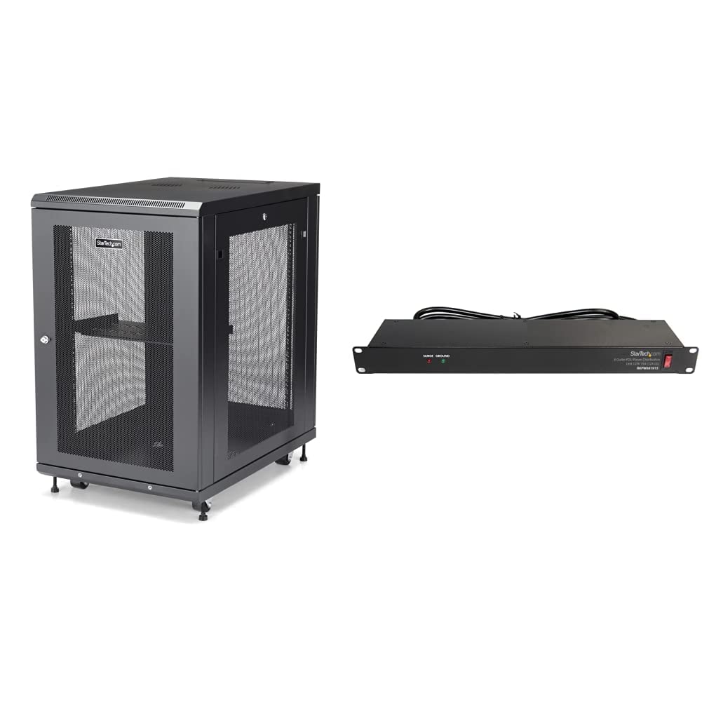 StarTech.com 19" 18U Server Rack Cabinet and 8 Outlet Horizontal 1U Rack Mount PDU Power Strip Bundle