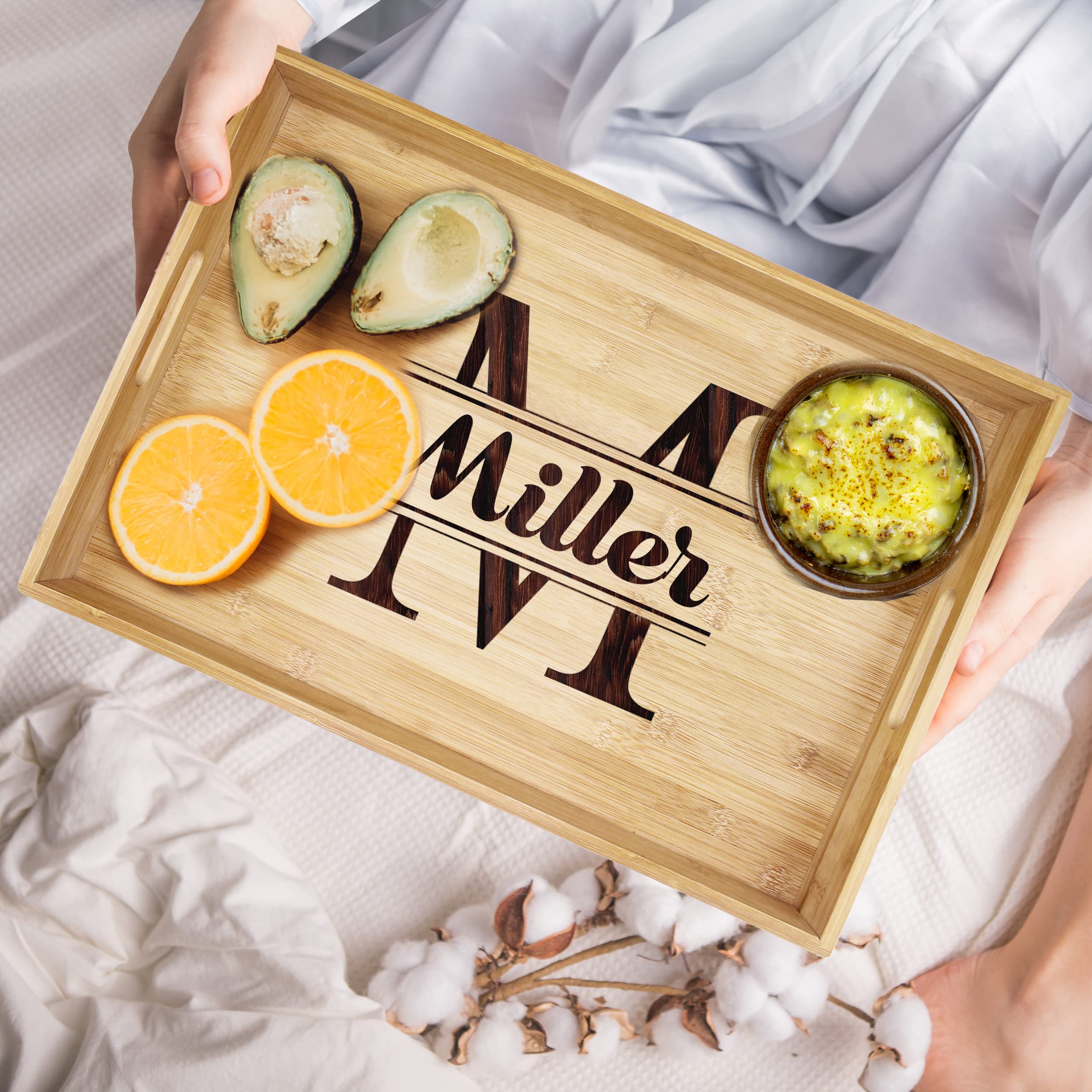 Premium Monogrammed Bamboo Wood Serving Tray with Handles - Personalized and Custom Engraved for Free