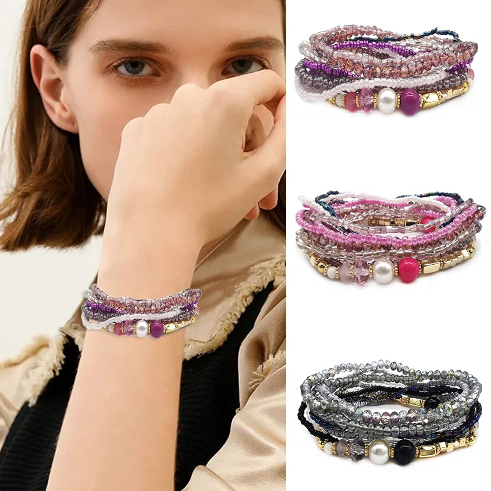 MOZAKA 9 Sets Bohemian Stackable Multilayer Bracelets for Women Stretch Elastic Multicolor Beaded Bracelets Jewelry Set