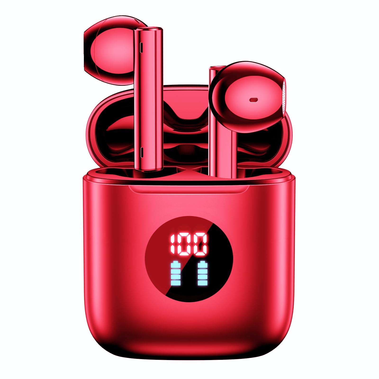 Wireless Bluetooth Earbuds 60H Playtime Ear Buds IPX7 Waterproof with LED Display Charging Case Microphone Stereo Audio Clear Call Sports Earphones for iOS Android Laptop Red