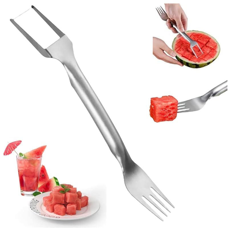Stainless Steel Fruit Cutter 2-in-1, 2024 New Watermelon Fork Slicer Fruit Slicer Tool, Double Headed Fruit Fork Slicer, Home Kitchen Summer Camping Tool (1 PC)