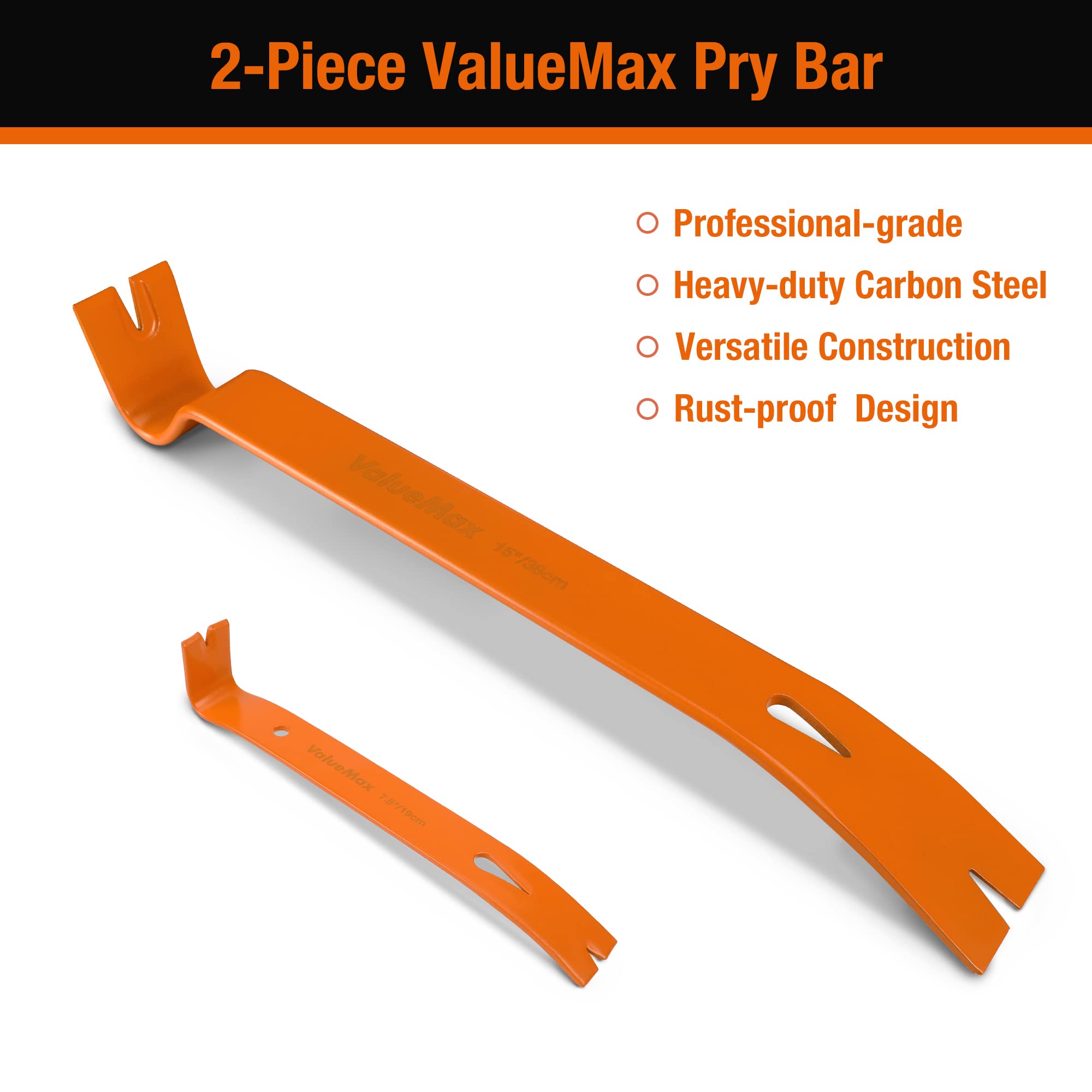 ValueMax 2-piece Flat Pry Bar Set, Includes 7-1/2β Mini Pry Bar, 15β Heavy Duty Nail Puller, Claw Bar, Wonder Bar, Corrosion Resistant Carbon Steel Made, for Kitchen Remodel, Prying Apart Boards