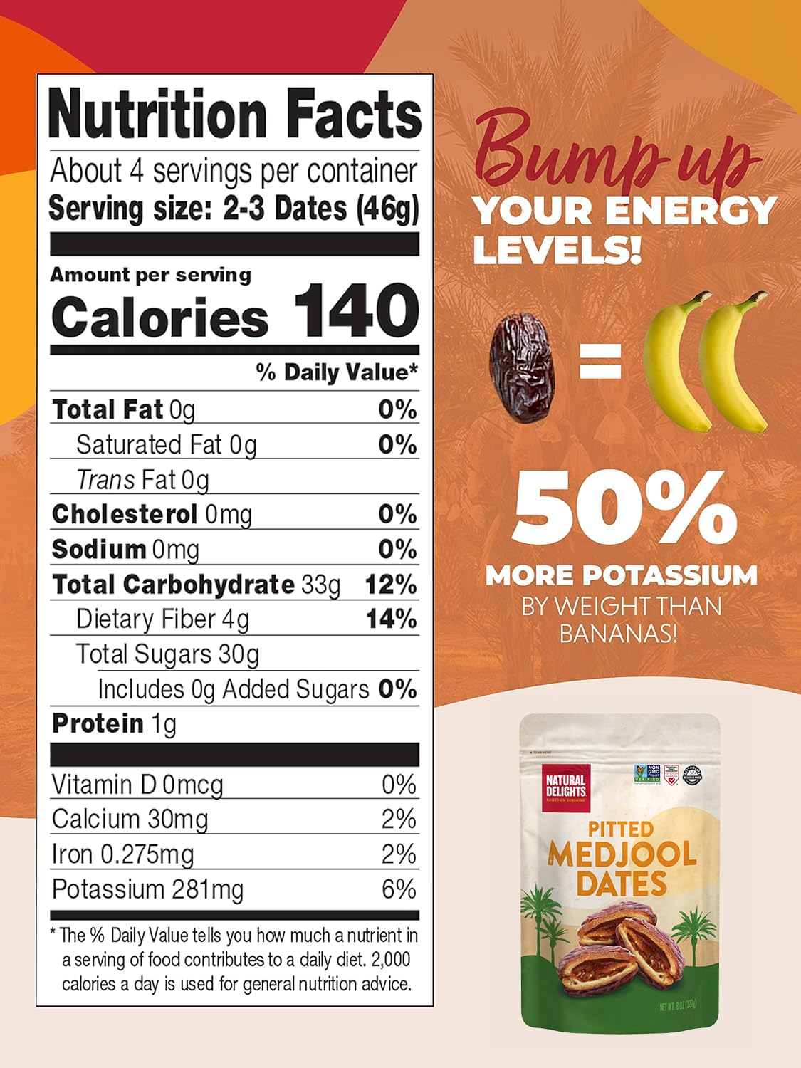 Natural Delights Medjool Dates – Large & Plump Pitted Dates Medjool, Non-GMO Verified, Pesticide Free, Naturally Sweet Fruit Snack, Perfect for On-the-Go - Medjool Dates Pitted, 8 oz Bag