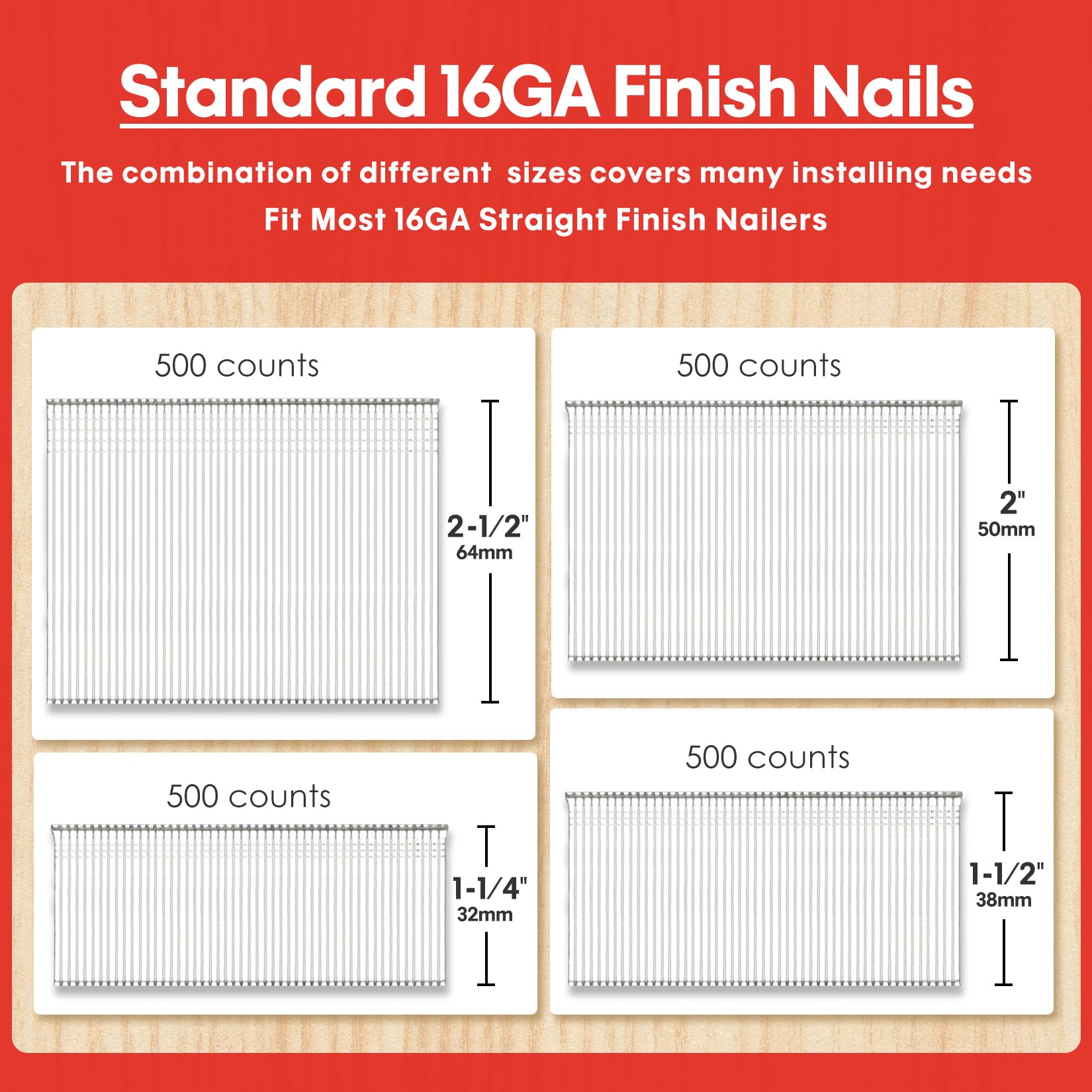 SHALL 16 Gauge Finish Nails, 2000-Count (1-1/4, 1-1/2, 2, 2-1/2 Inch) 16GA Galvanized Finishing Nails Assorted, Nail Gun Nails & Small Finishing Nails Assortment for Pneumatic, Electric Finish Nailer