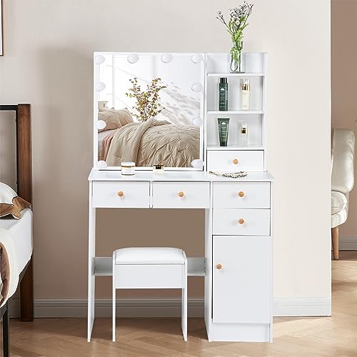 Large Vanity Desk Set with Sliding Mirror and 10 LED Bulbs, 3 Lighting Modes Makeup Table with 5 Drawers, 6 Shelves and Cabinets, White Dressing Table for Bedroom