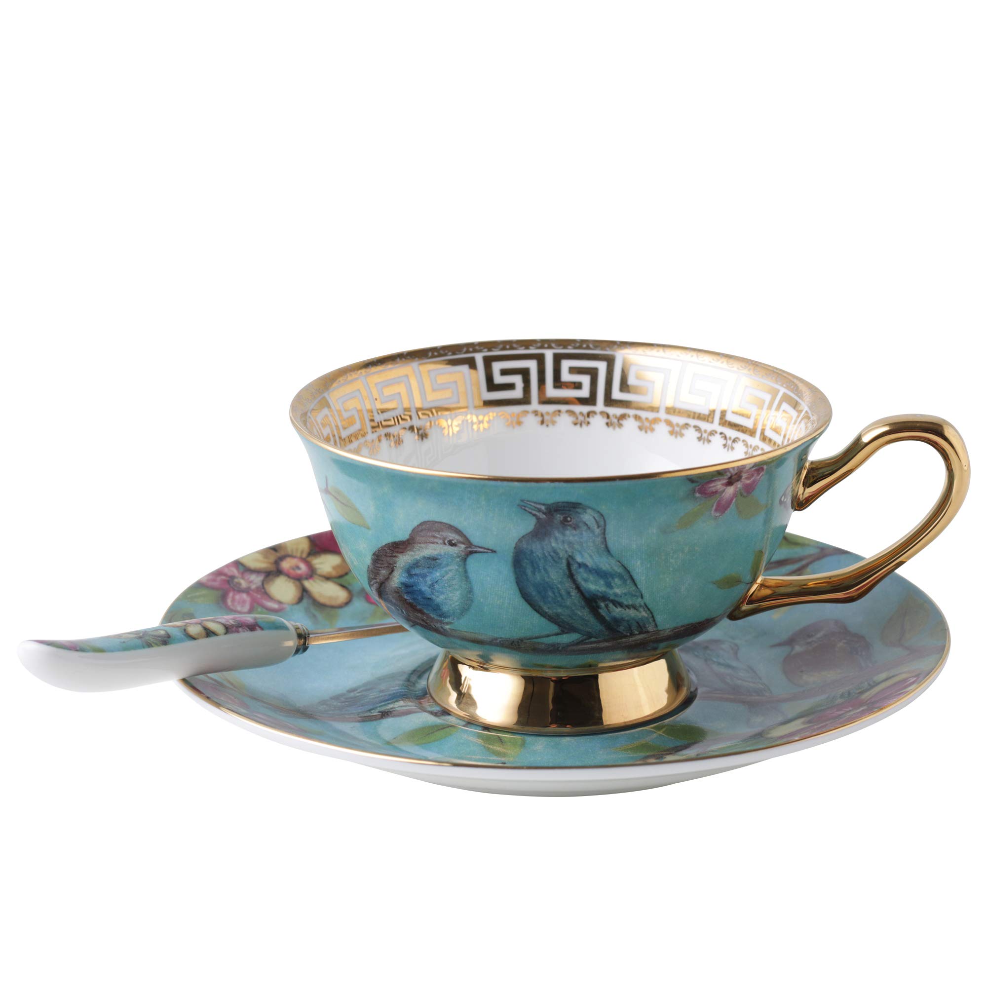 Panbado 3 Piece Bone China Tea Cup Saucer Set with Spoon Porcelain Gold Rimmed Teacup Coffee, Flower and Birds, 200 mL/6.8 oz, Blue Cup & Saucer, Dark