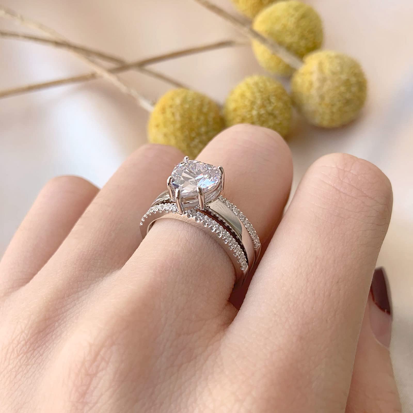 SHELOVES Solitaire Heart CZ Engagement Rings Set Sterling Silver Wedding Band Guard Enhancers Sz 5