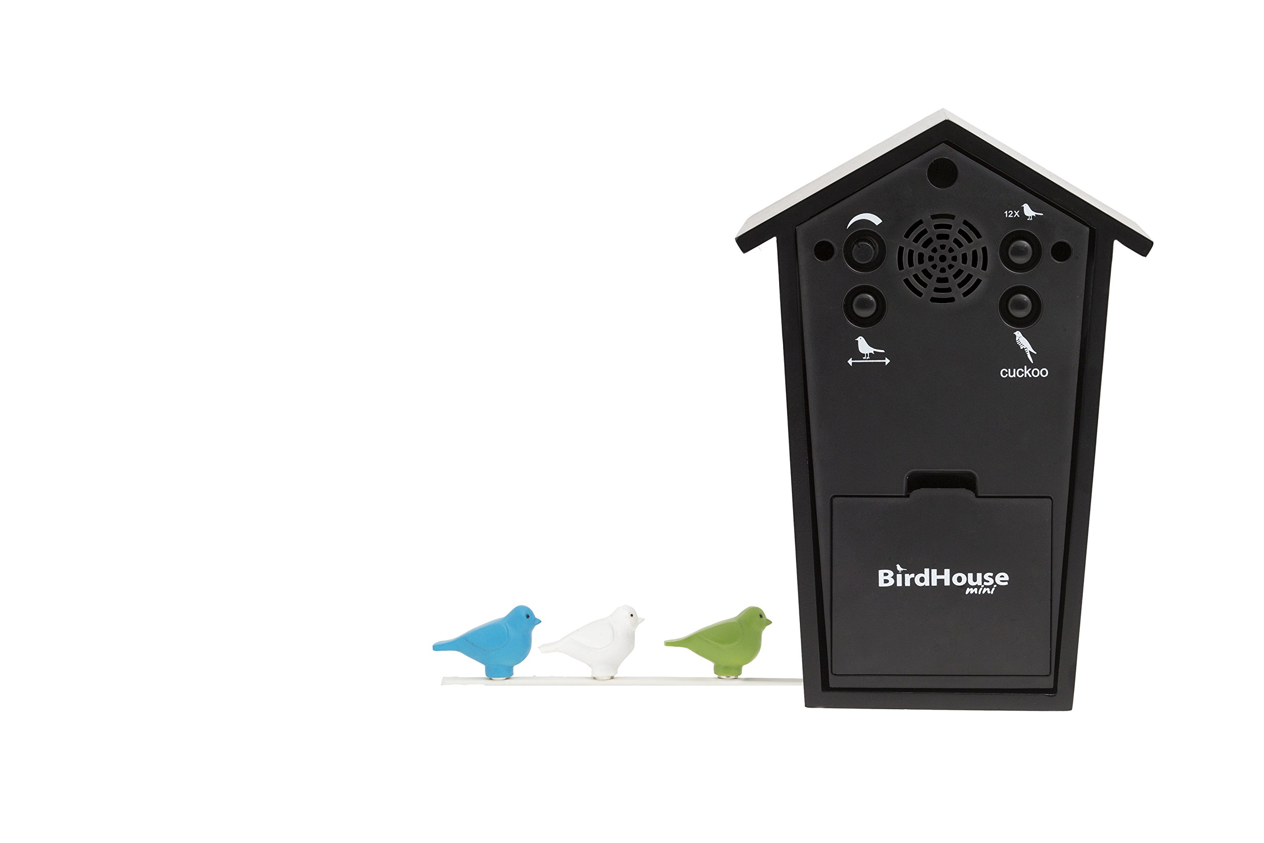 KOOKOO BirdHouse mini black, tiny modern cuckoo clock with 12 natural bird songs or cuckoo call