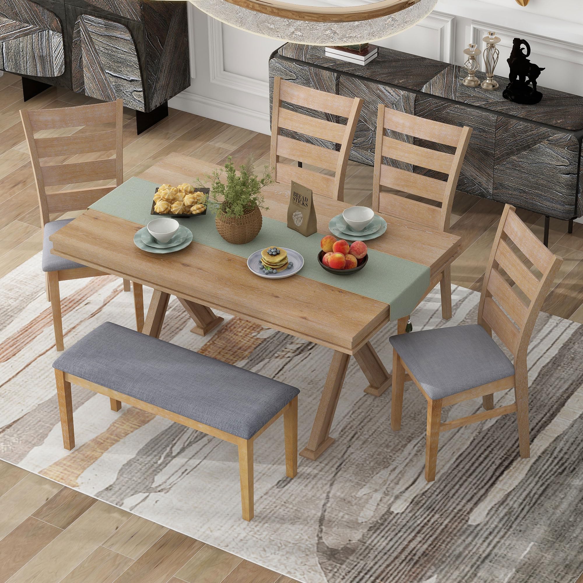LIADTOP 6-Piece Set, Retro 59" L Rectangular Table with Unique Legs and 4 Upholstered Chairs & 1 Bench, Dining Room and Kitchen,Natural Wood Wash