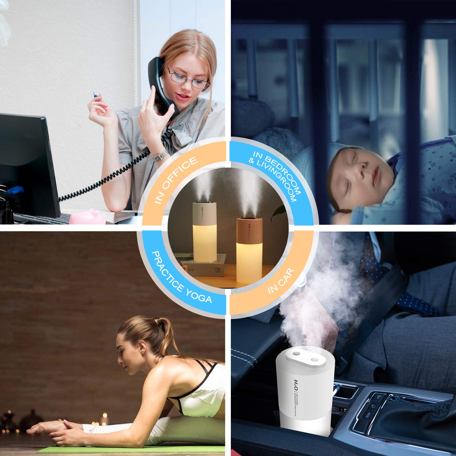 Mini Portable Humidifier for Car Office Desk, 400ML USB Rechargeable Little Cool Mist Humidifier, Cup Holder Car Humidifier Diffuser for Home, Baby Room, Travel