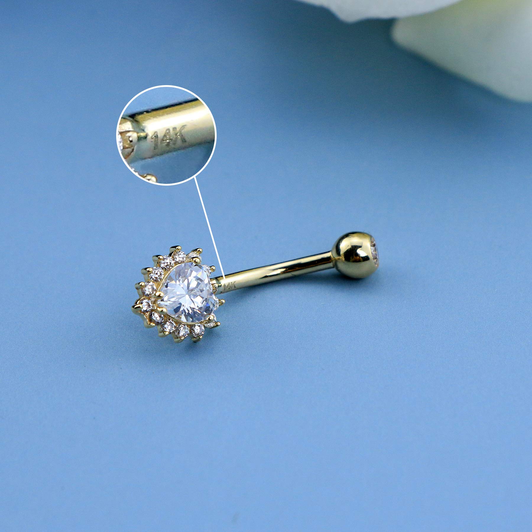 OUFER 14K Solid Gold Heart Belly Button Piercing Small Sun Flower Navel Button Ring Clear 5A Cubic Zirconia Design Belly Rings Piercing Jewelry