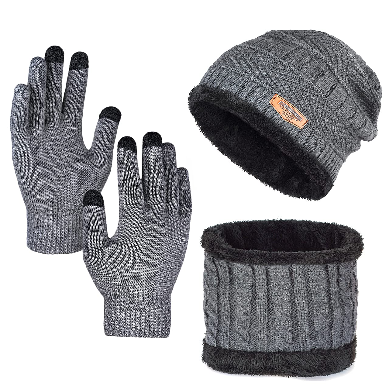 Man Winter Warmer Beanie Hat Scarf and Touch Screen Gloves,Fleece Lining Hat Scarf and Gloves Sets for Man Women (navy, 4)
