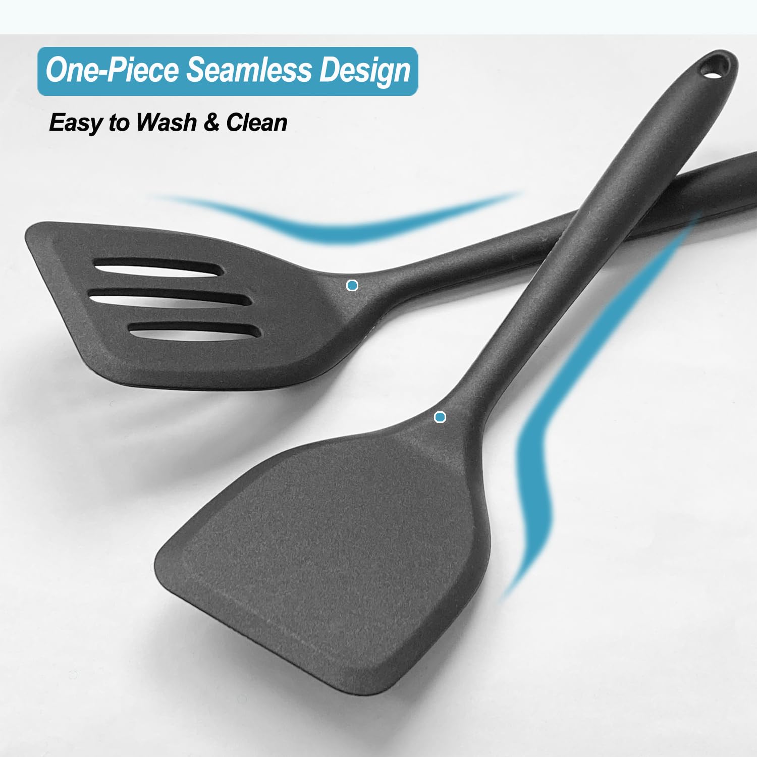 Silicone Spatula Turner Set, High Heat Resistant Spatulas with Seamless One Piece Design, Nonstick Rubber Flippers Utensils for Baking & Cooking,BPA-Free, Black,11 IN