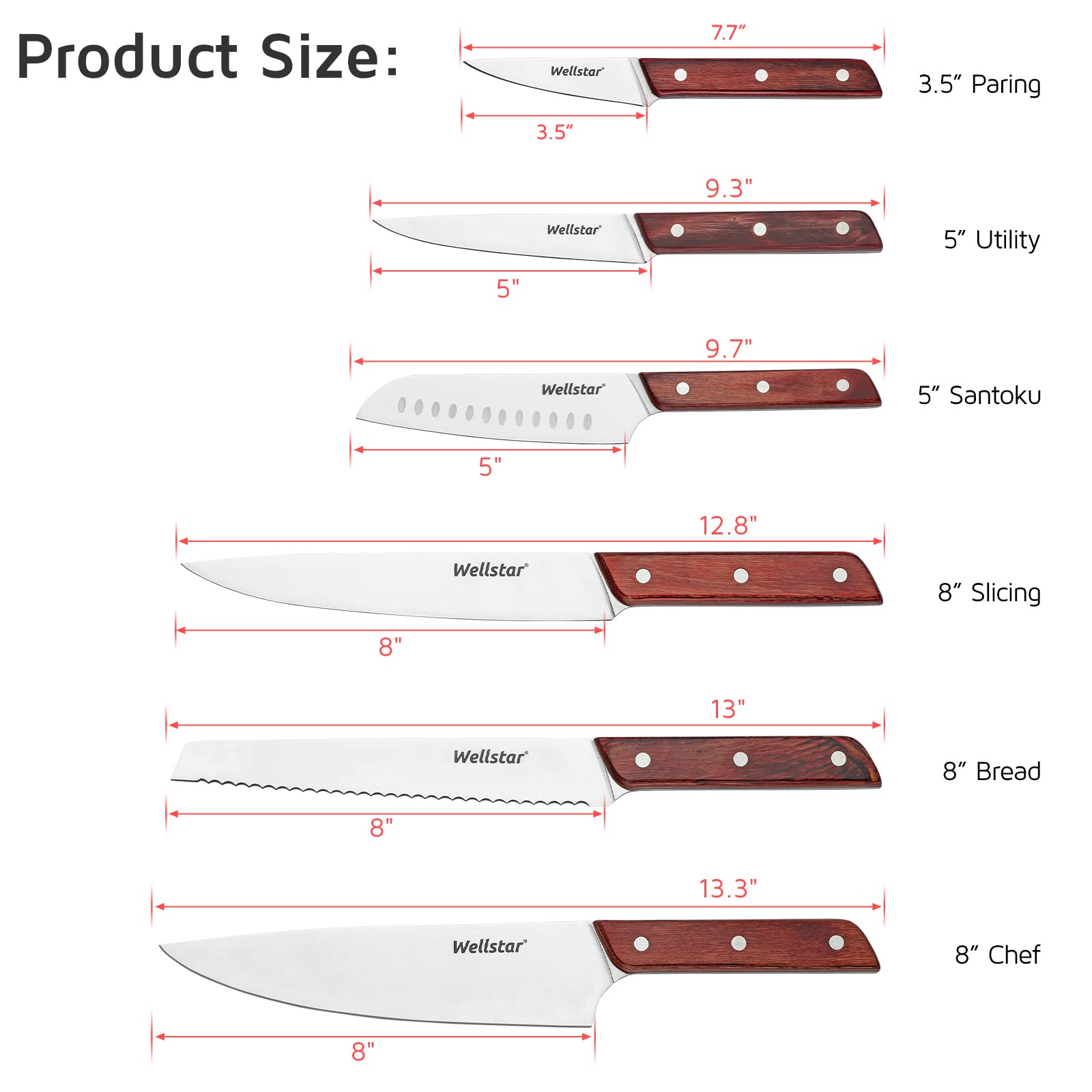 WELLSTAR Kitchen Knife Set 6 Piece, Ultra Sharp Japanese Stainless Steel Blade with Full Tang Pakkawood Handle, Chef Slicer Bread Santoku Utility & Paring for Cutting Chopping Slicing and Dicing
