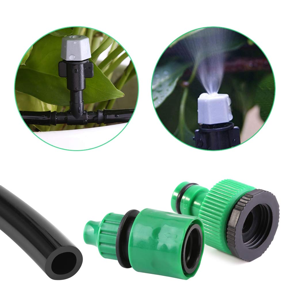 Misting Cooling System, Watering Tubing Misting Nozzle Sprinkler Faucet Adapter Outdoor Garden Greenhouse Drip Irrigation Kit(5M)