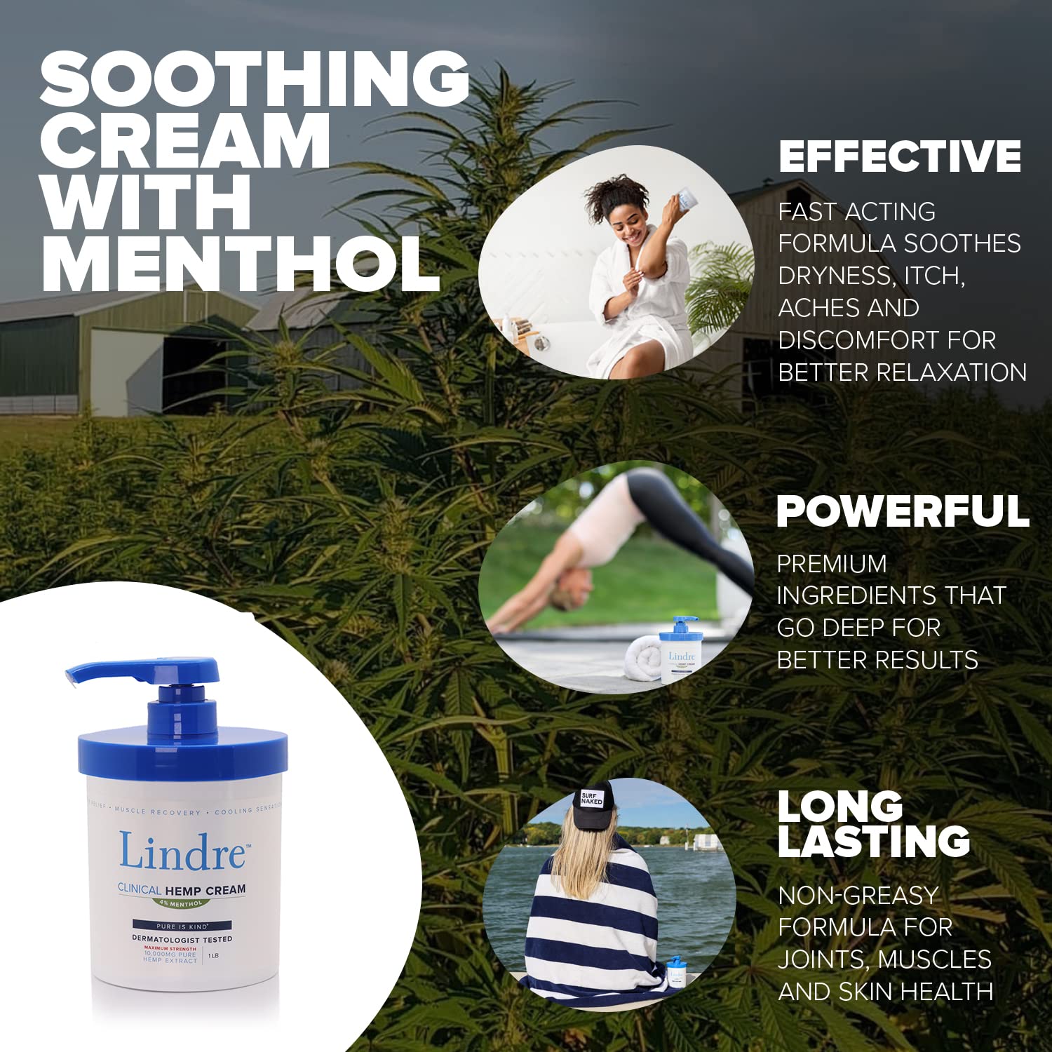 Lindre Regular Strength Hemp Cream for Back Knees Joints Muscles Itch. Non-Greasy, Steroid Free, Dermatologist Tested. Menthol Formula, 1.7oz