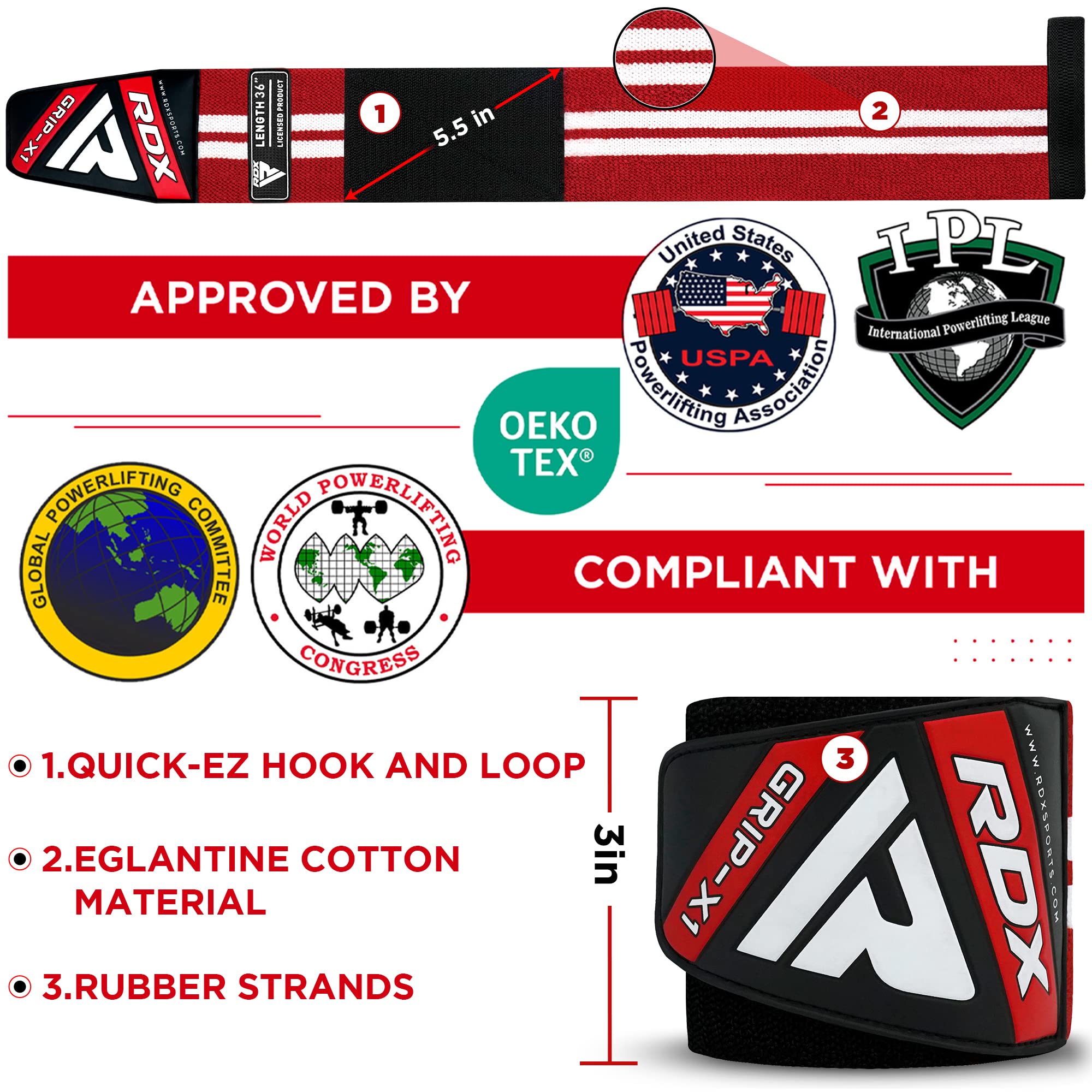 RDX Weight Lifting Wrist Support Wraps, 36” 24” 18” Professional Grade Elasticated Cotton Straps, Gym Fitness Workout Strength Training Bodybuilding Powerlifting Deadlifting Calisthenics, Men Women