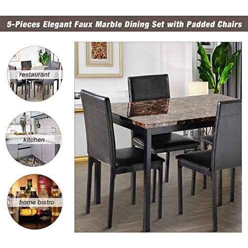 WIILAYOK Dining Table Set for 4, Modern 5-Piece Kitchen Dining Table Set with Faux Marble Tabletop & 4 PU Leather Upholstered Chairs for Living Room, Dinette, Compact Space