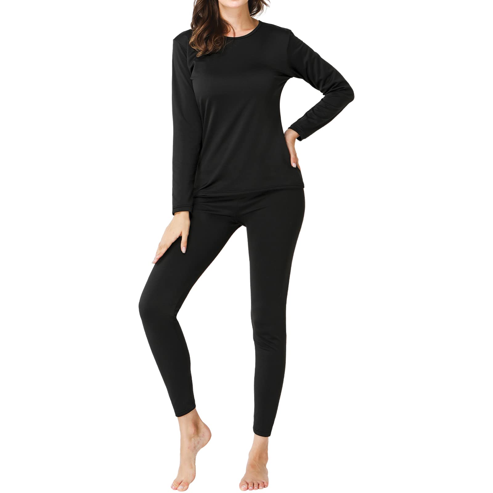 MRIGNT Thermal Underwear for Women Thermal Underwear Set, Ultra Soft Long Johns for Women with Fleece Lined Top Bottom, Black L