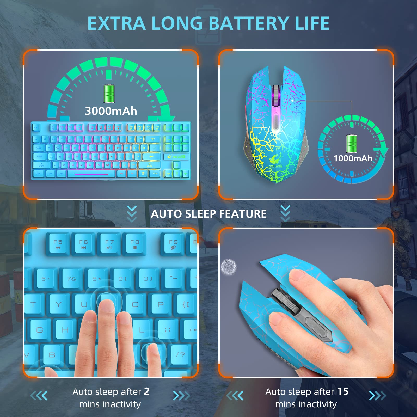 Wireless Gaming Keyboard and Mouse Combo,Rainbow Backlit 87 Keys Membrane Keyboard,2.4GHz Rechargeable 4000mAh Keyboard Mouse, Dual-Head USB&Type C Receiver for PC/Smart Phone/Laptop/Tablet/PS4(Black)