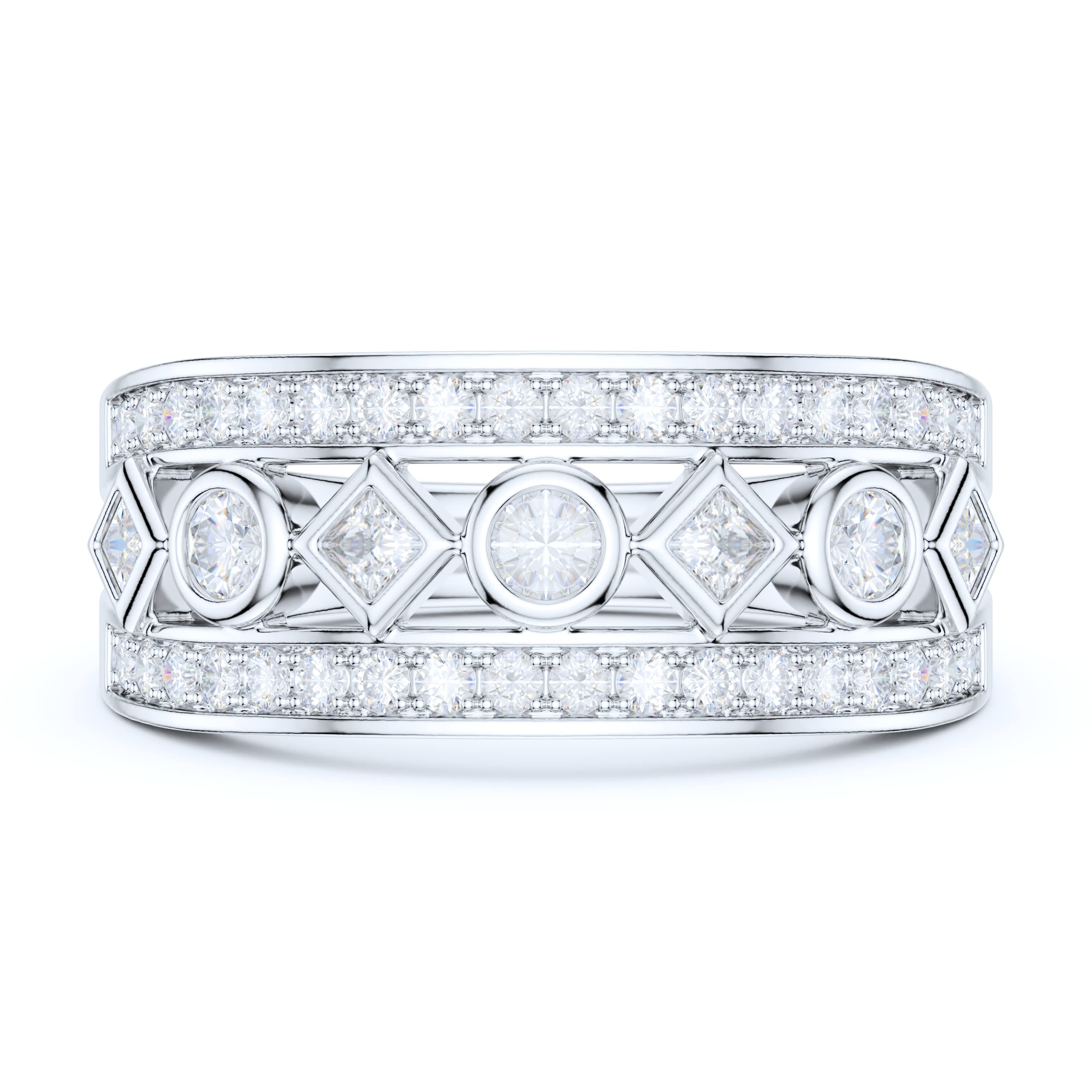 PRSTANI 8mm Wide Solid Sterling Silver Paved Split Shank Simulated Round and Princess Diamonds Bezel Set Ring Wedding Band (6)