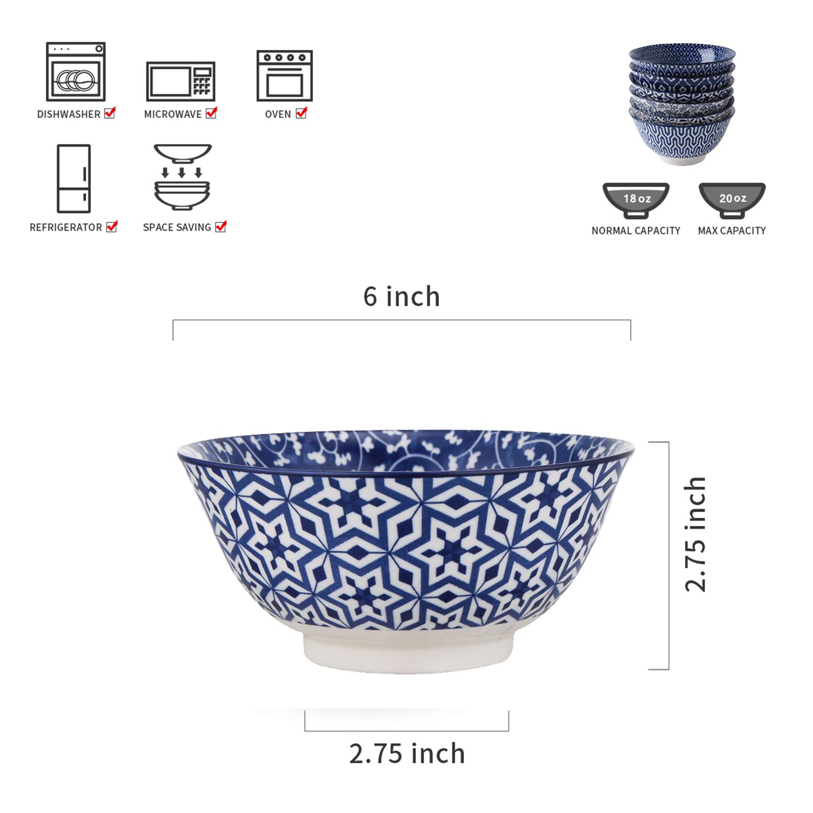 Selamica Porcelain 20oz Bowls Set Bundle with 8 inch Porcelain Pasta Bowls, Vintage Blue