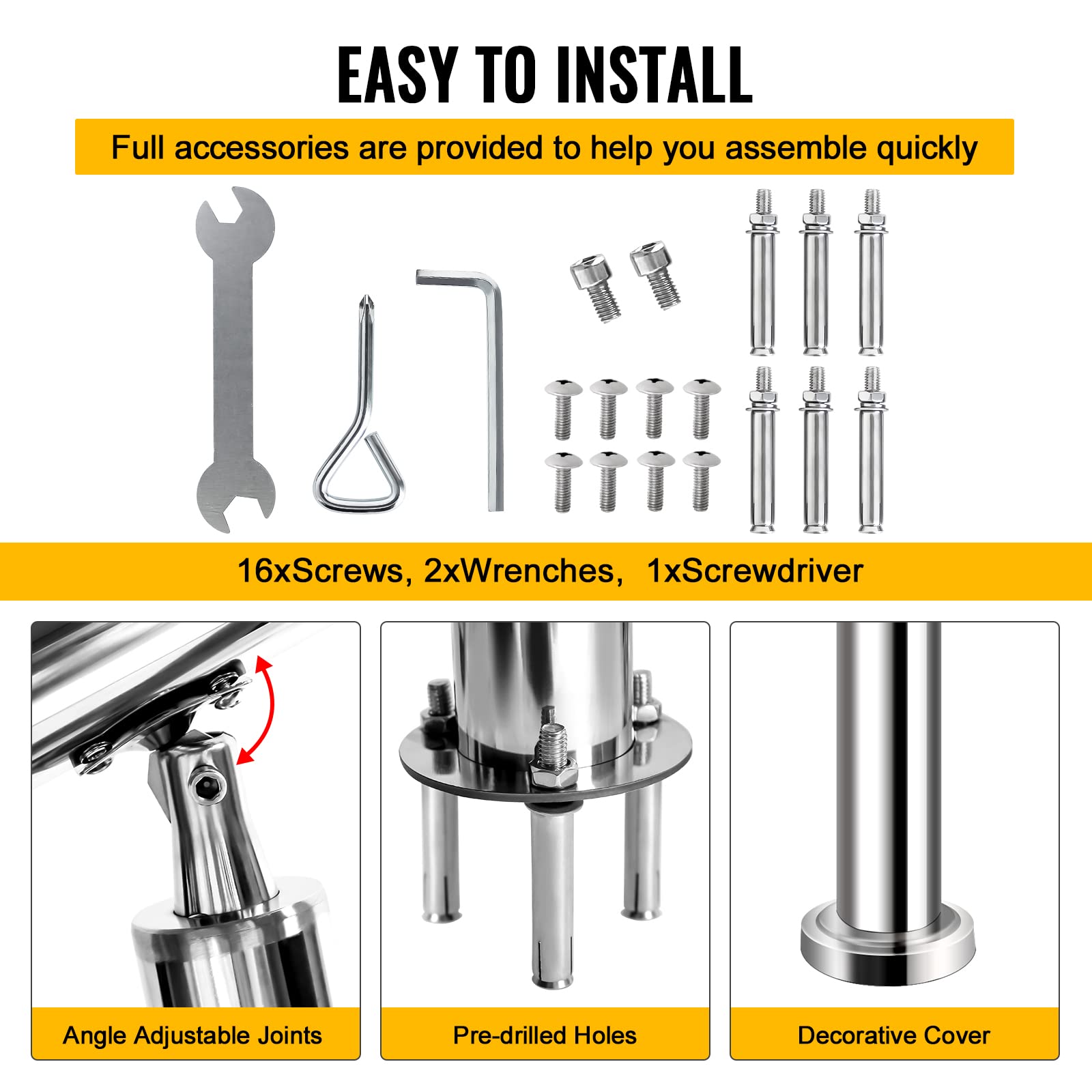 Migoda Stainless Steel Handrail 55’’x34’’ Inch, Silver Stair Handrail 551Lbs Load, Angle Adjustable Hand Rails for Outdoor Steps, Stair Rail Fits 4-5 Steps with Complete Screw Kit