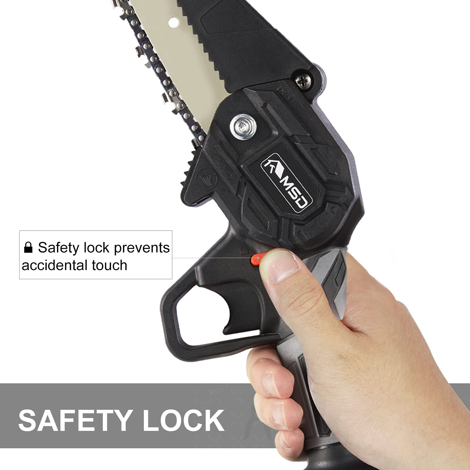 MSD 4 Inch Mini Cordless Chainsaw-Electric Handheld Chainsaw with 2 Replacement Chains, 2 Rechargeable Batteries, One-Handed Portable Chainsaw for Branch Wood Cutting Tree Pruning