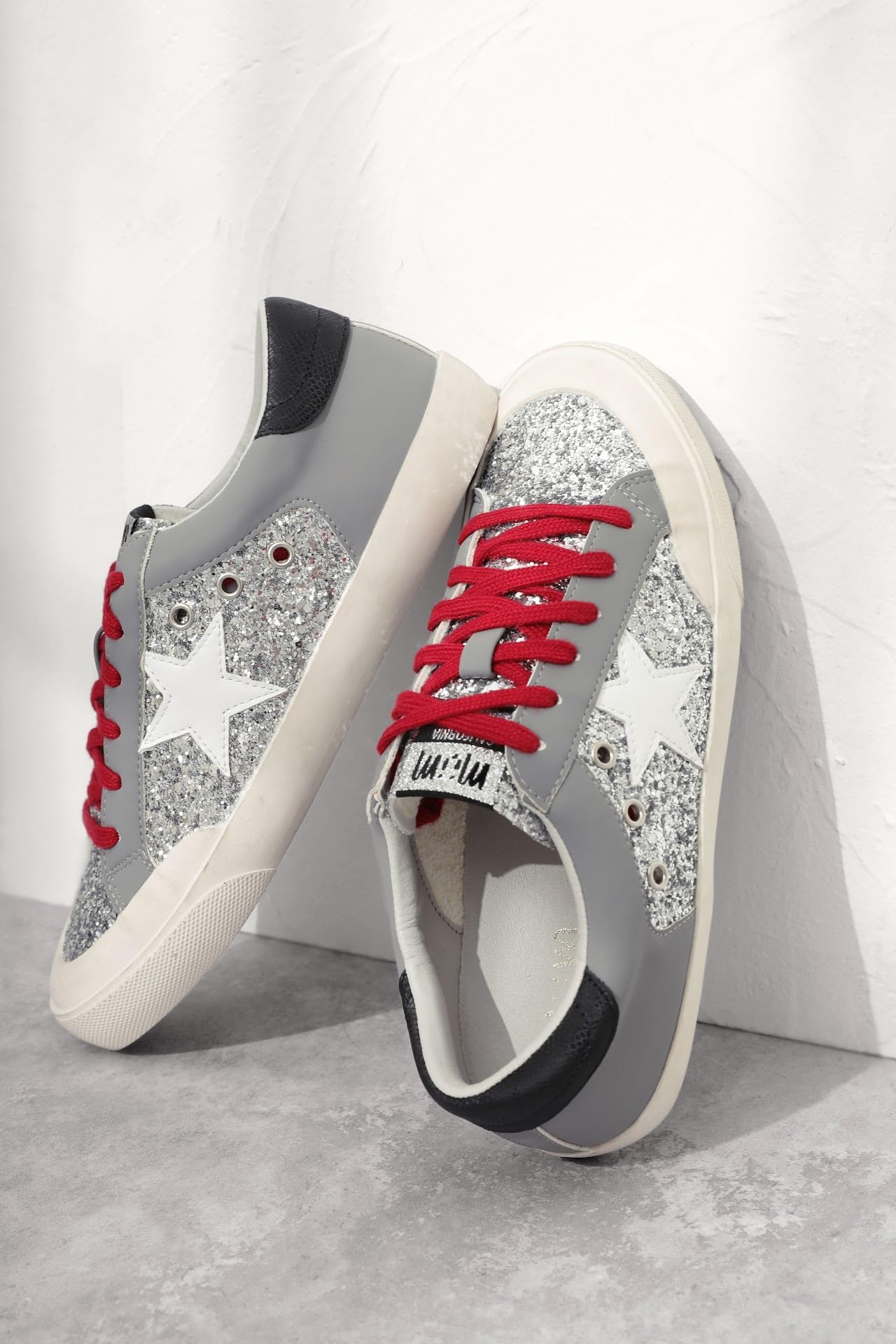 Mi.iM Harbor Rubber Sole Lace-up Glitter Leather Star Sneakers (6, Silver White)