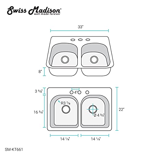 Swiss Madison SM-KT661 Ouvert 33 x 22 Stainless Steel, Dual Basin, Top-Mount Kitchen Sink