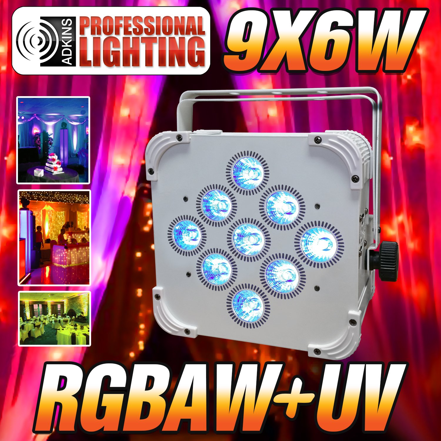 LED Up Light - 16 Hour LED Battery Powered Wireless DMX - 9x6w RGBAW+UV (White Case) - Weddings - Stage Light - Dj Light