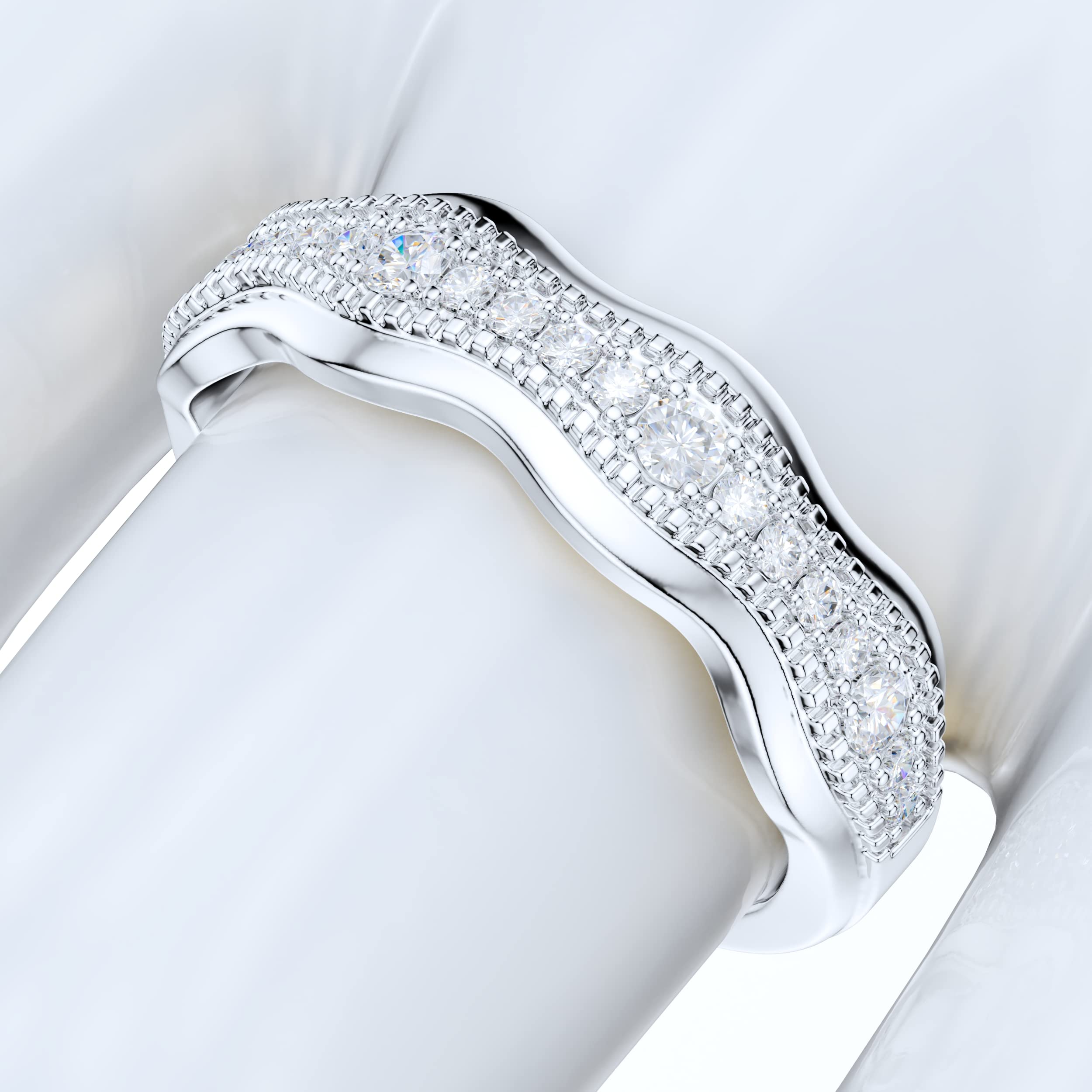 PRSTANI Sterling Silver Fancy Wave Shape Milgrain Simulated Round Brilliant Diamond Full Eternity Ring Wedding Band (12)