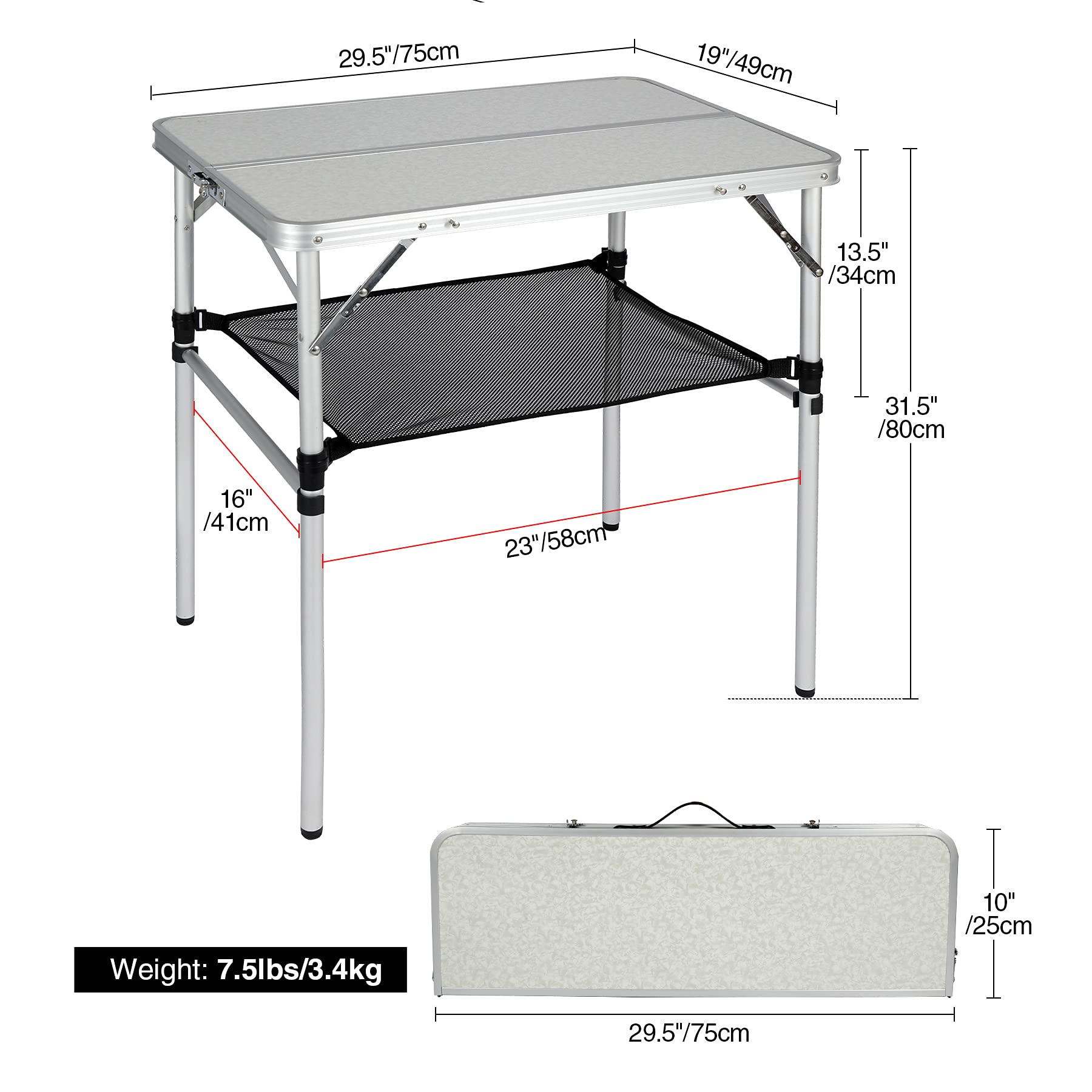 REDCAMP 2.5 Foot Folding Table Adjustable Height with Mesh Storage Organizer, Lightweight Portable Camping Table for Picnic Cooking Outdoor Indoor, White 29.5 x 19inche